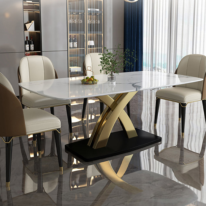 Mercer41 Dashon Modern Rectangular Sintered Stone Dining Table with Gold Stainless Steel Base ...
